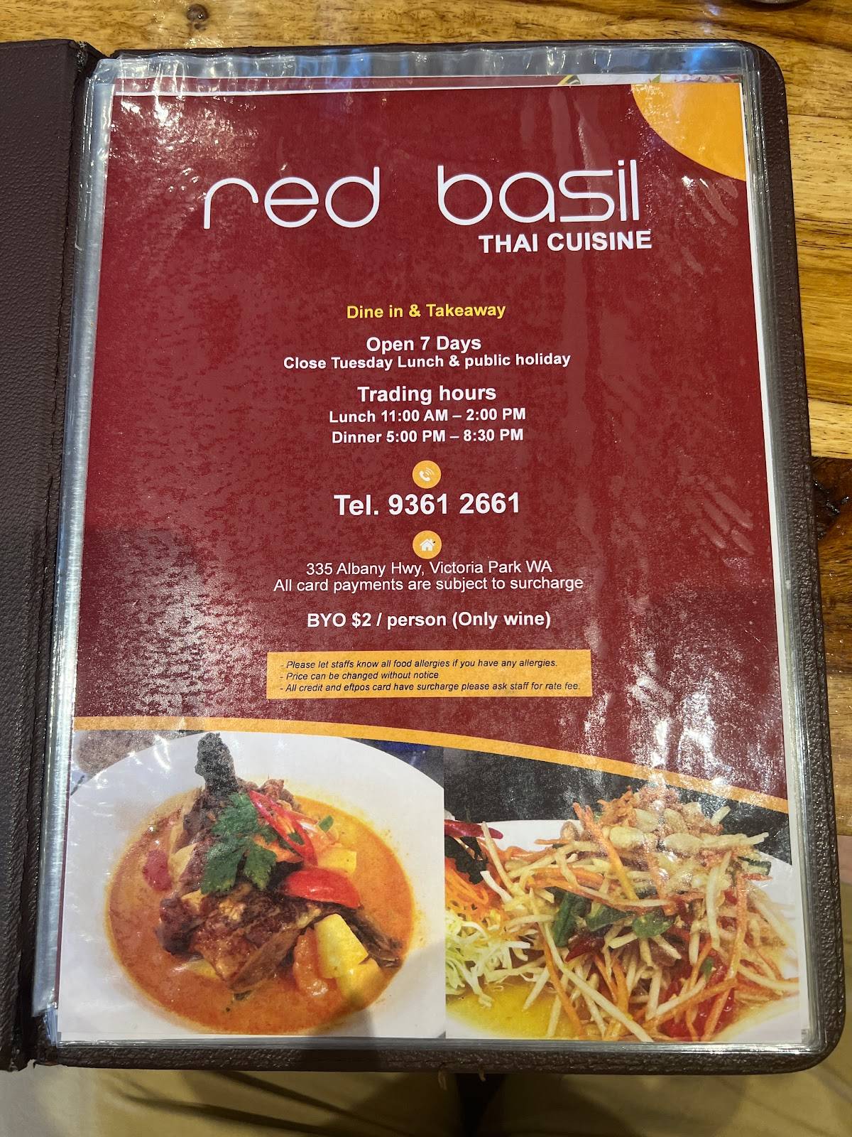 Menu at Red Basil Thai Cuisine restaurant, Victoria Park