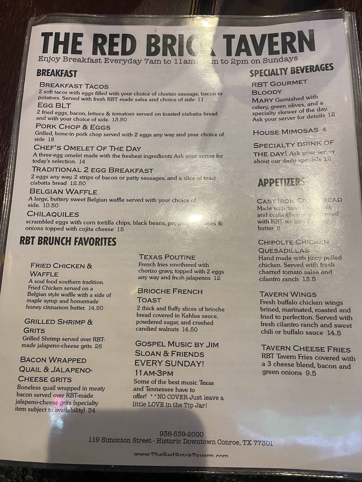Menu at Red Brick Tavern restaurant, Conroe, 119 Simonton St