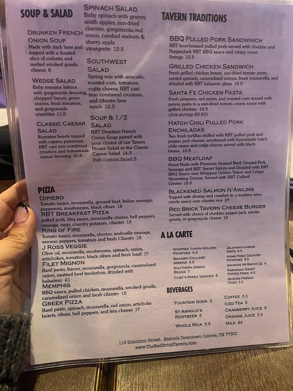 Menu at Red Brick Tavern restaurant, Conroe, 119 Simonton St