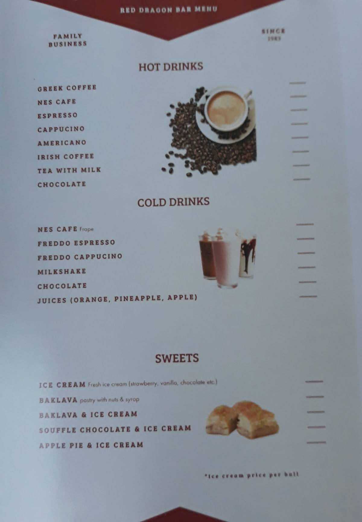 Menu at Red Dragon cafe/snackbar, Dassia