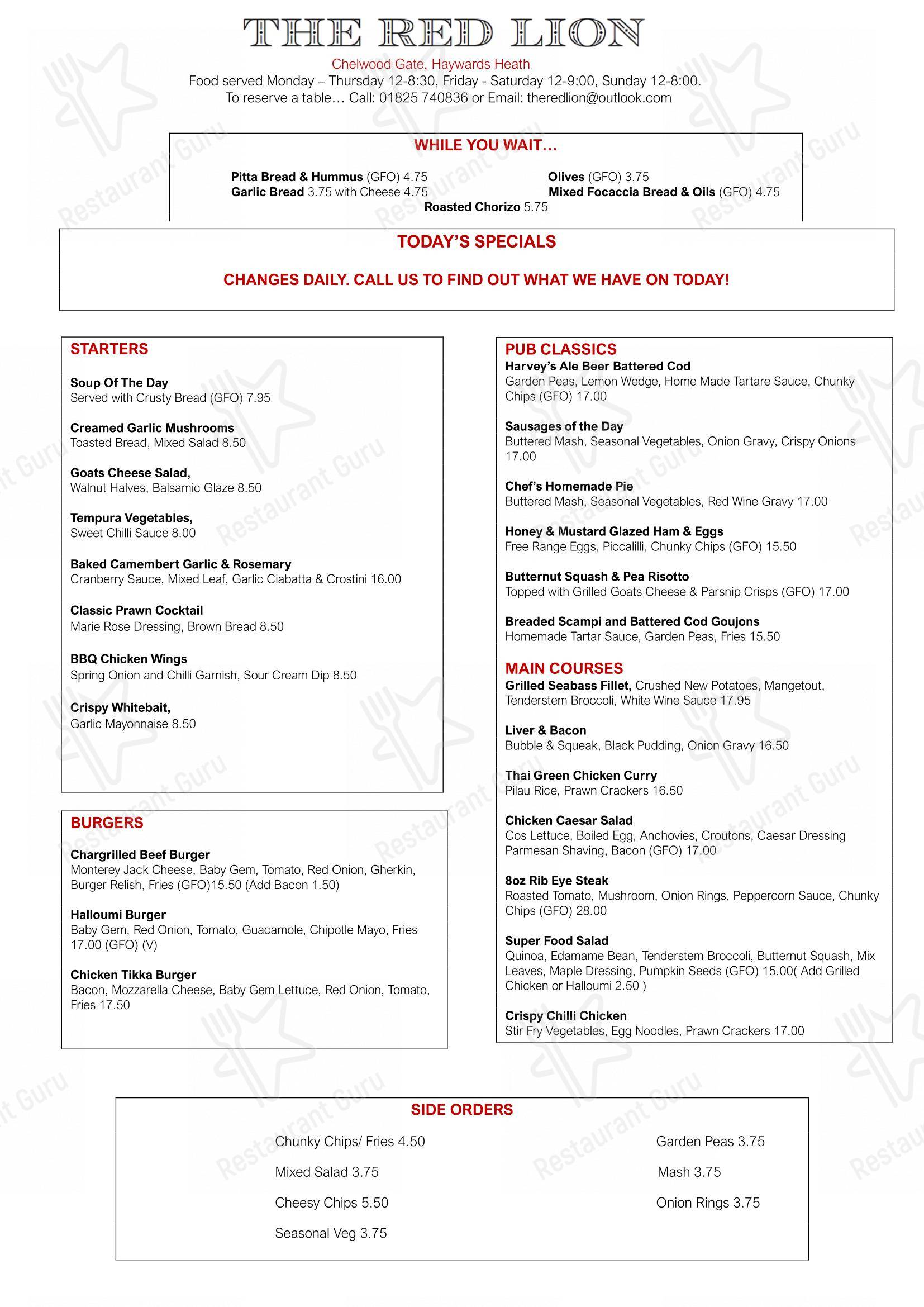 Menu at Red Lion pub & bar, Danehill