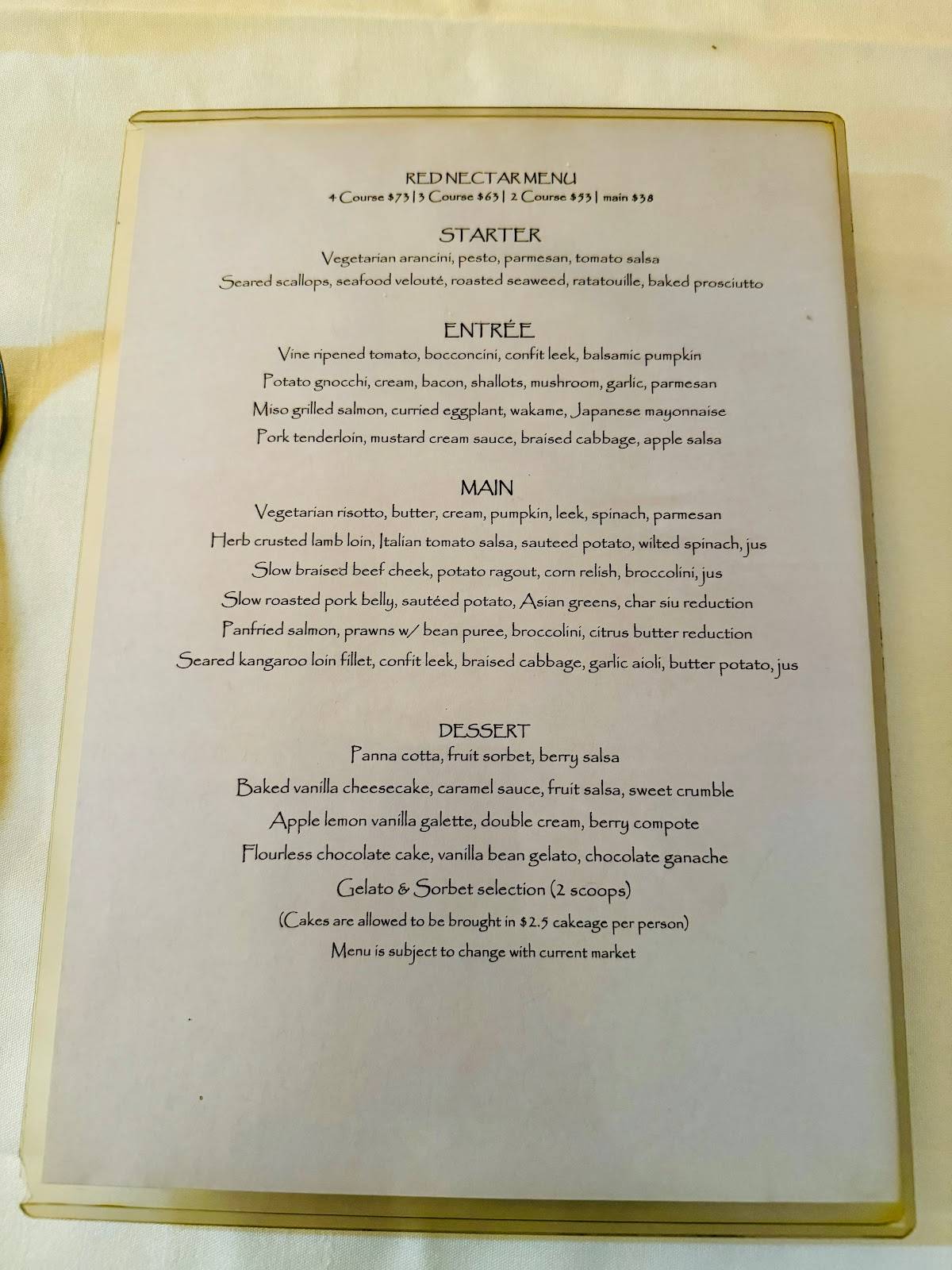 Menu at Red Nectar restaurant, Helensburgh