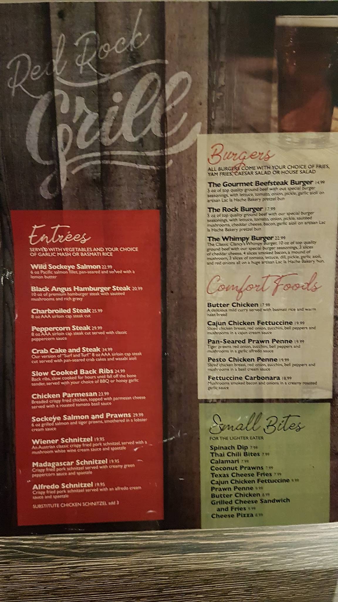 Menu at Red Rock Grill restaurant, 100 Mile House, Reservations Accepted