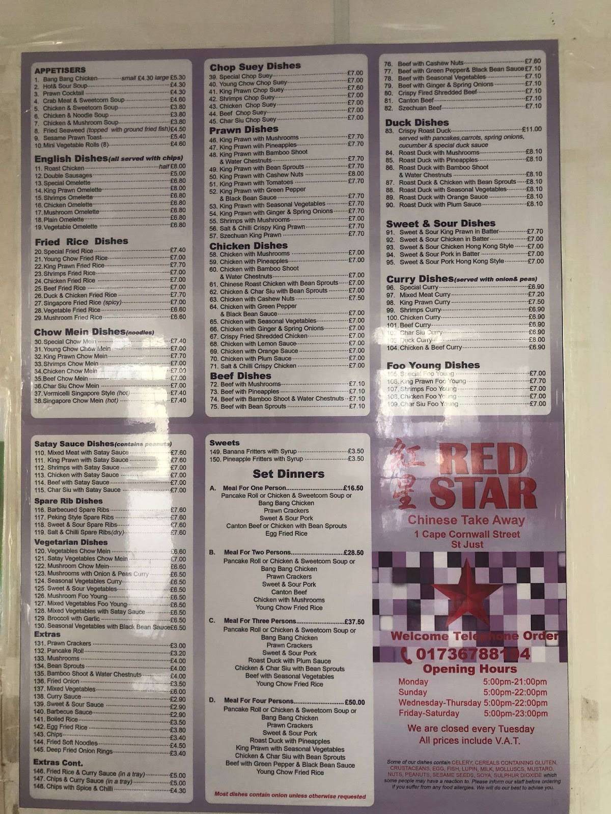 Menu at Red Star fast food, Pendeen