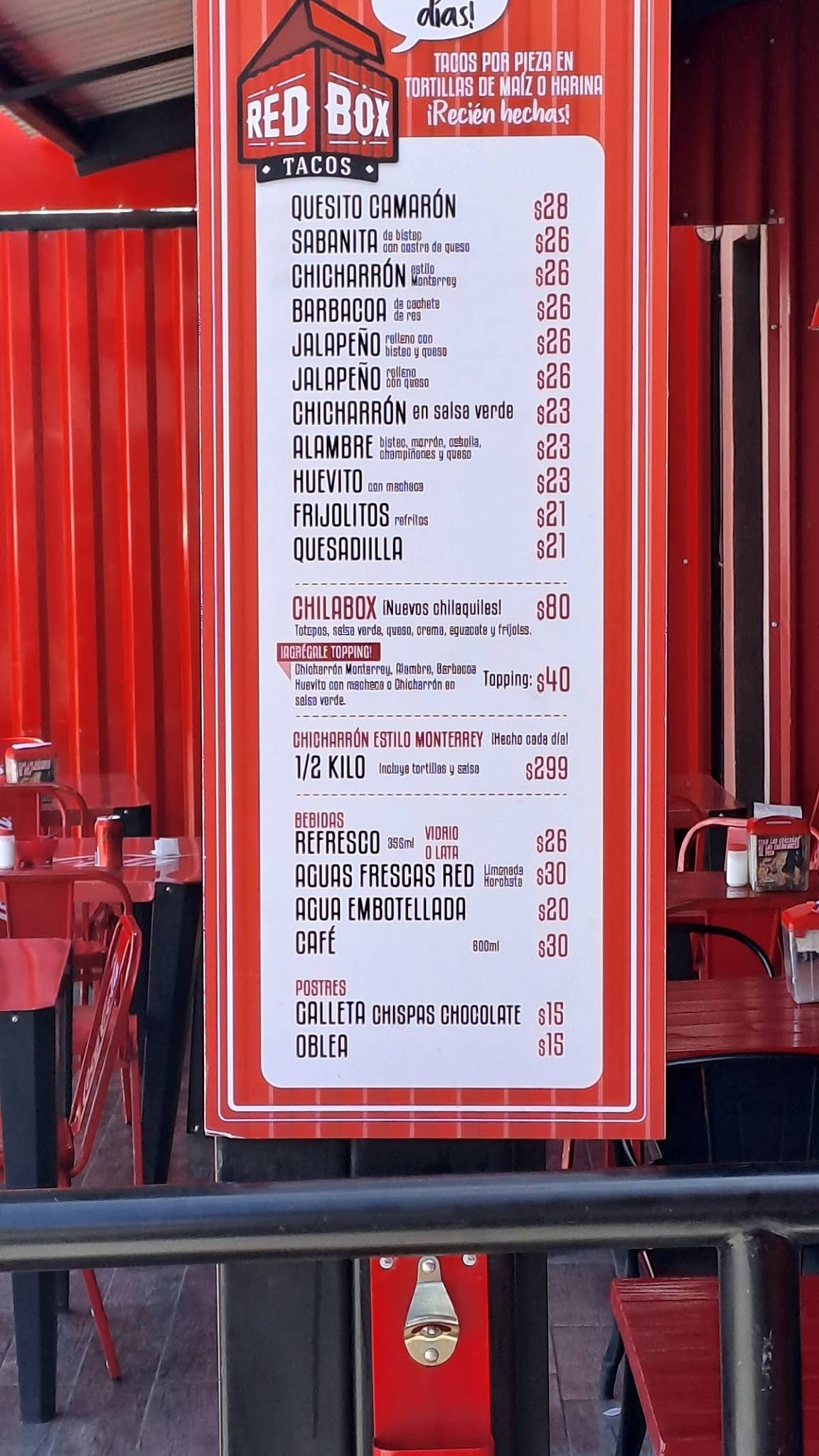 Carta del restaurante Red box tacos, Chihuahua