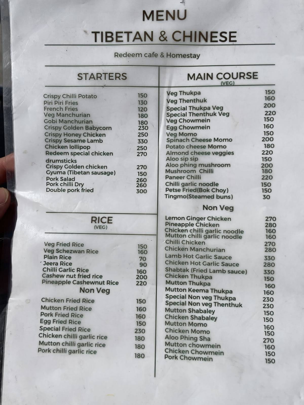 Menu at Redeem cafe & Homestay, Dharamshala