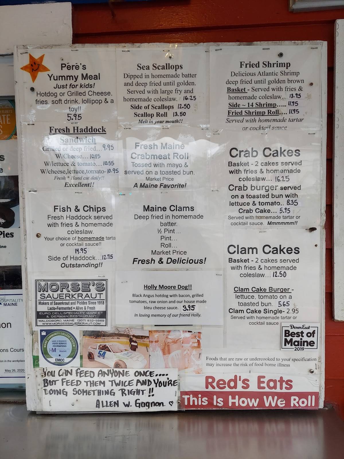 Menu at Red's Eats restaurant, Wiscasset