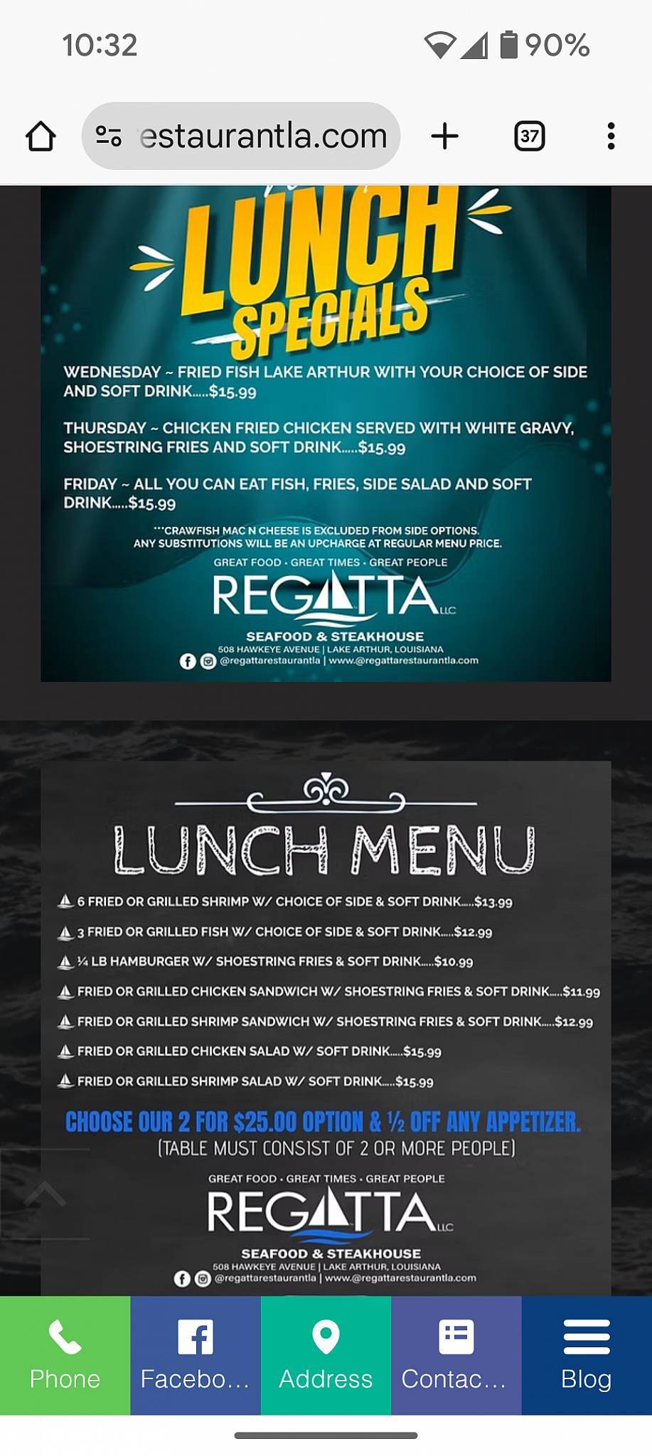 Menu at Regatta Seafood and Steakhouse, Lake Arthur