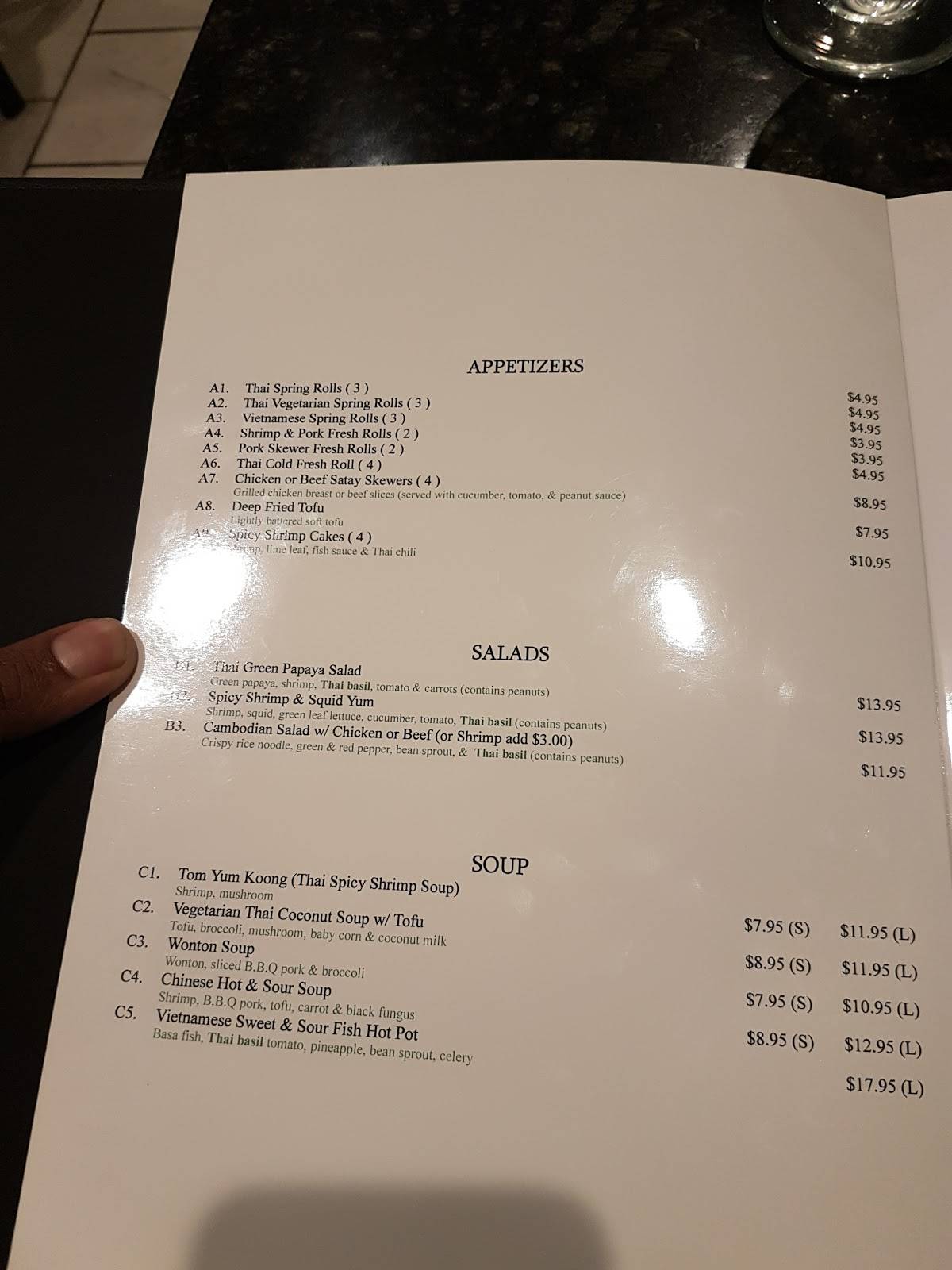 Menu at Thai Basil restaurant, Regina