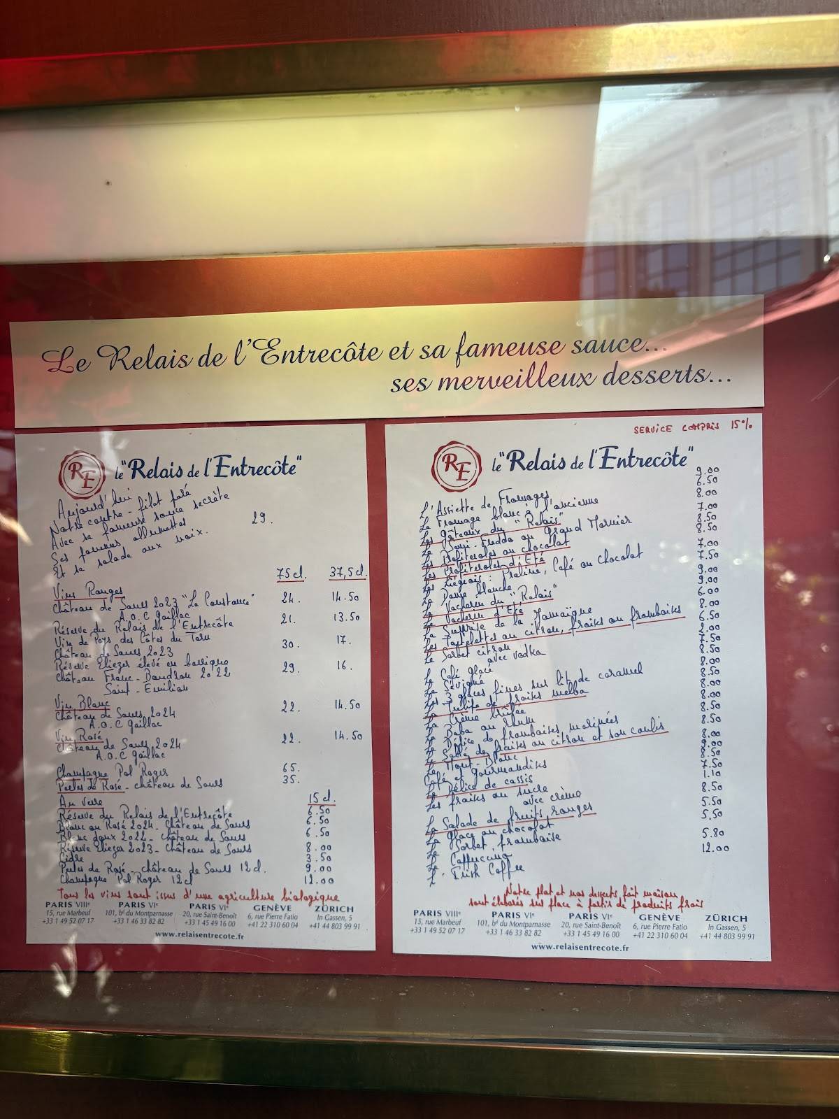 Menu au Relais de l'Entrecôte restaurant à viande, Paris, 20 Rue Saint ...