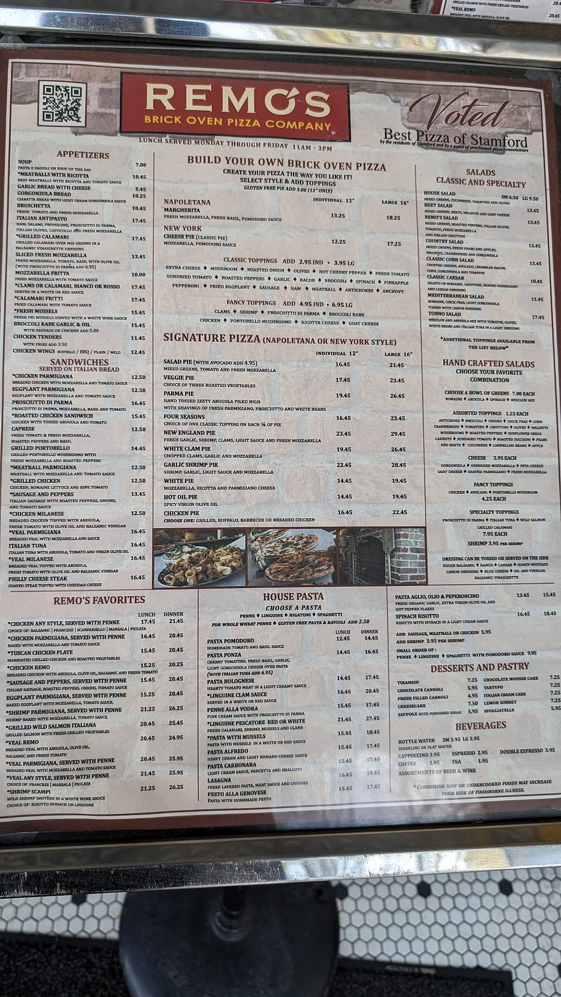 Menu at Remo's pizzeria, Stamford