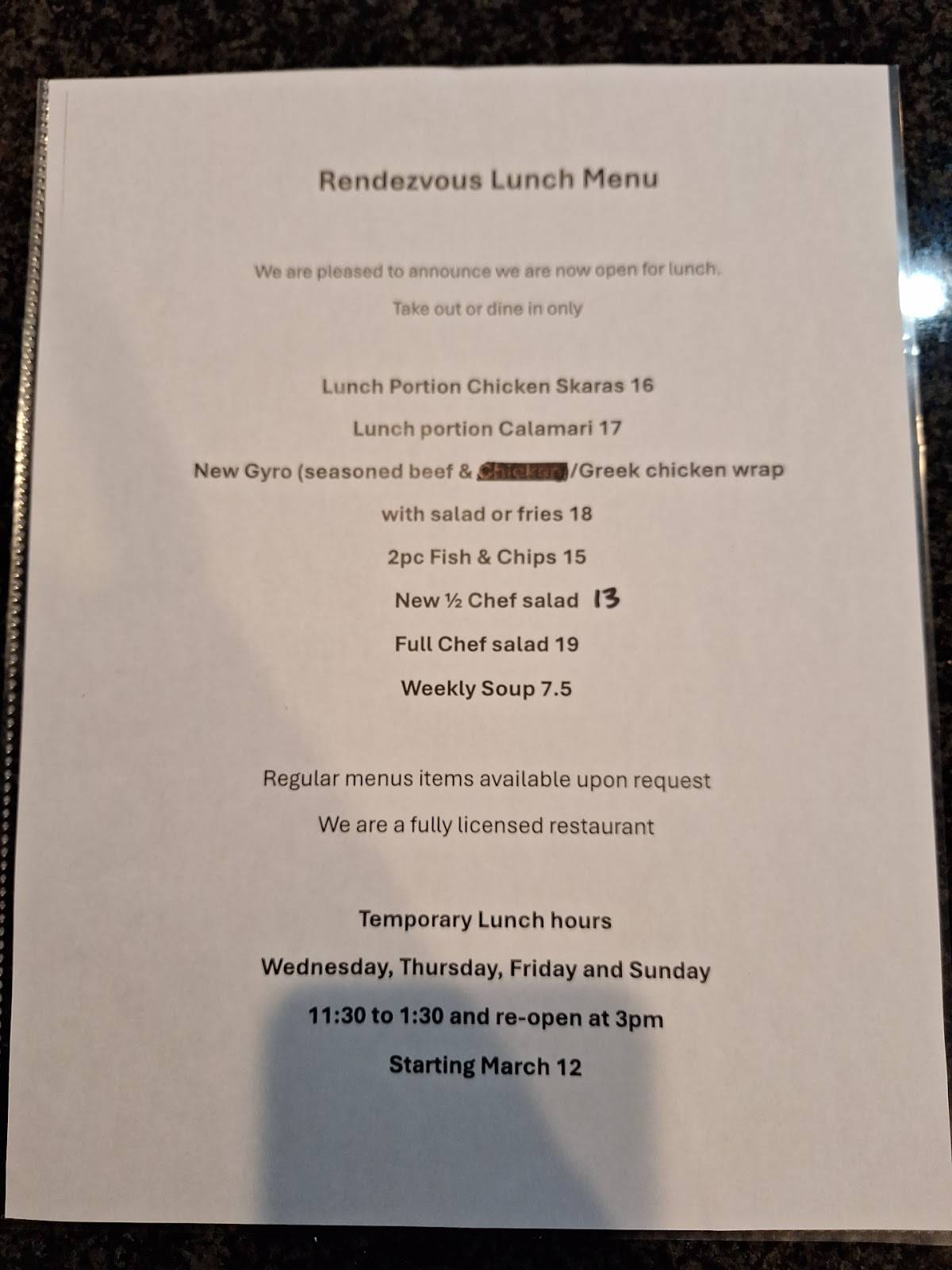 Menu at Rendezvous restaurant, Abbotsford, Immel St #240