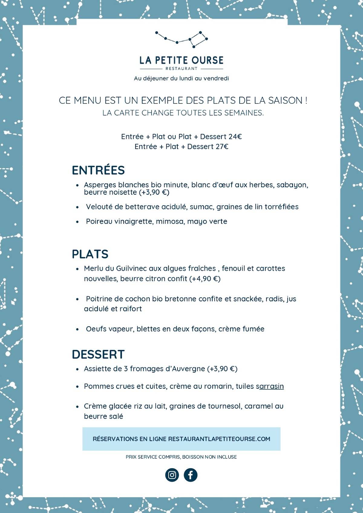 Menu au Restaurant La Petite Ourse, Rennes