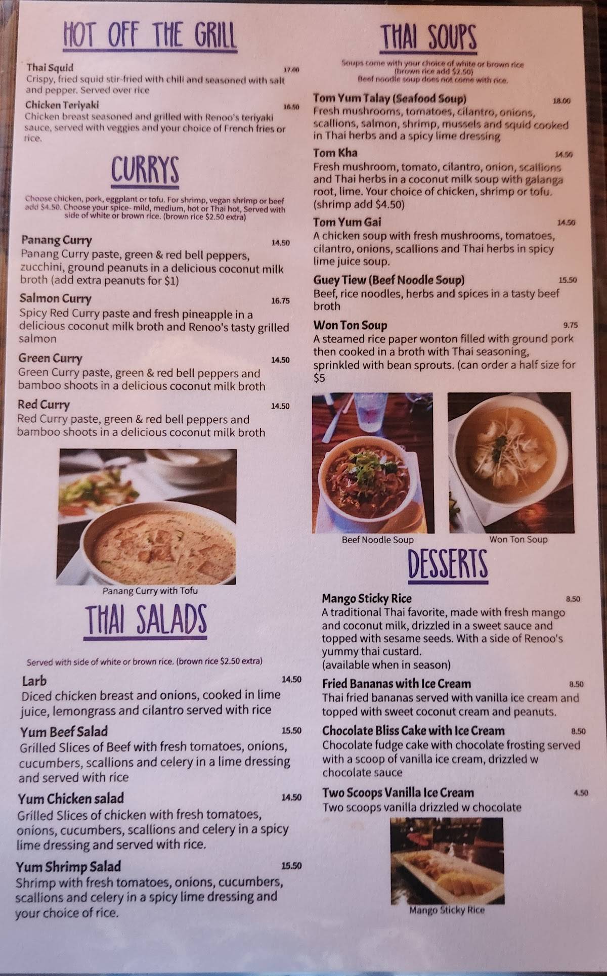 Menu at Renoo’s Thai Time restaurant, Organ, US-70
