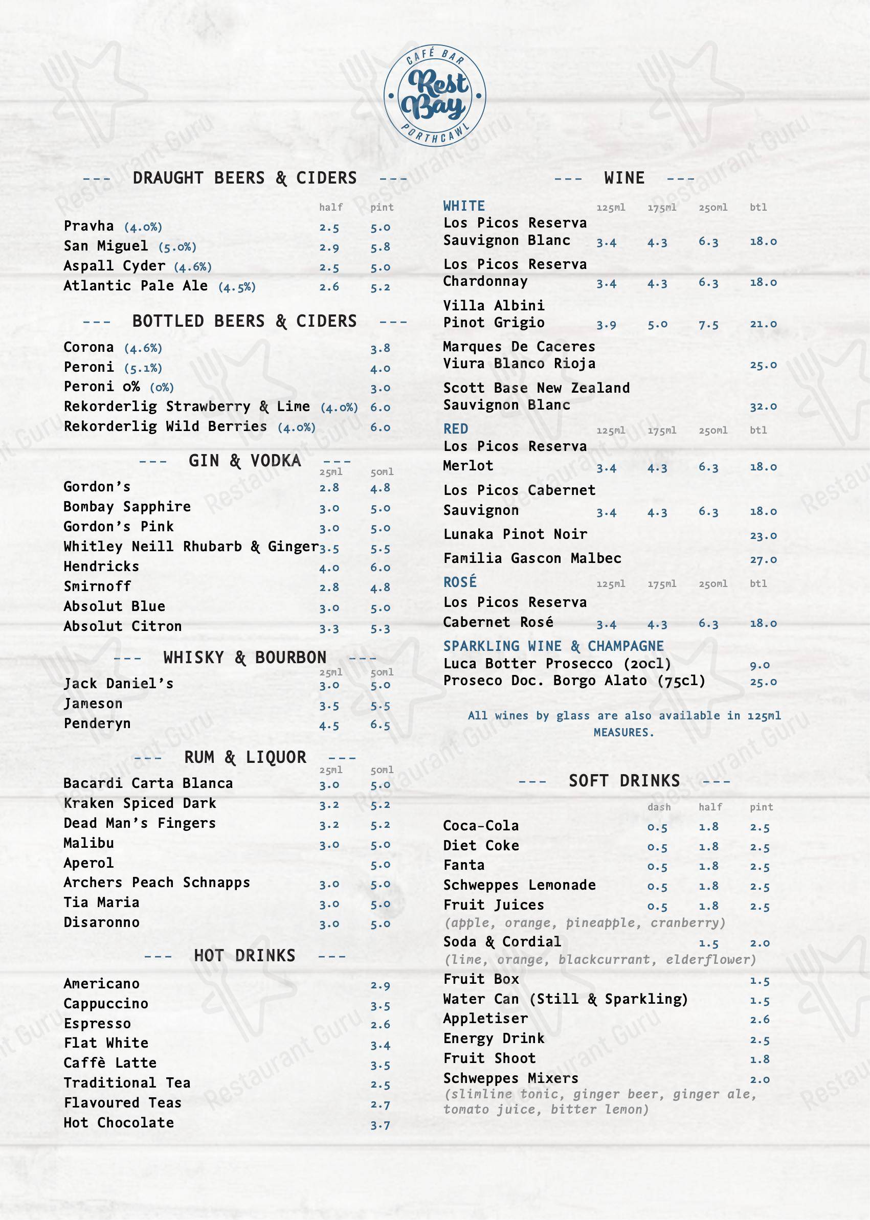Menu at Rest Bay Café Bar, Porthcawl, Rest Bay