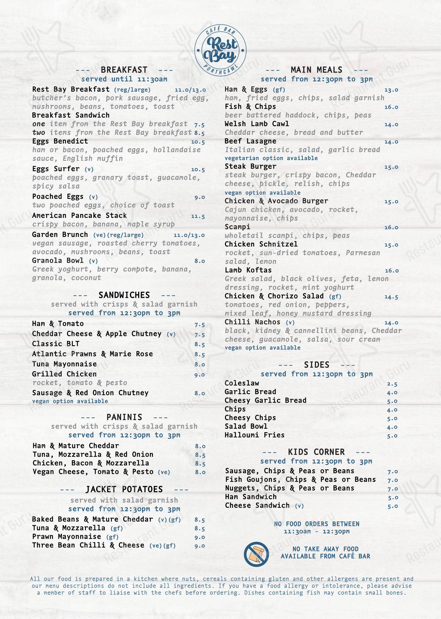 Menu at Rest Bay Café Bar, Porthcawl, Rest Bay