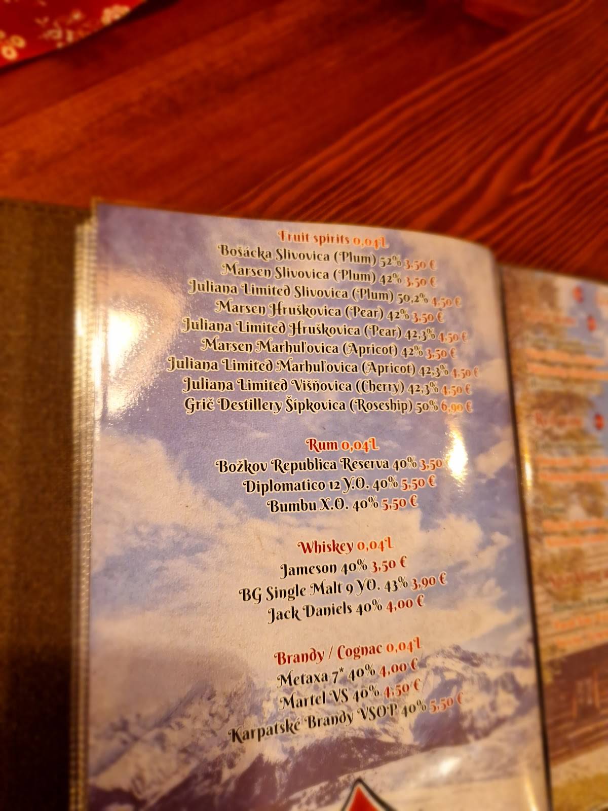 Menu au Reštaurácia Stodola restaurant, Vysoké Tatry