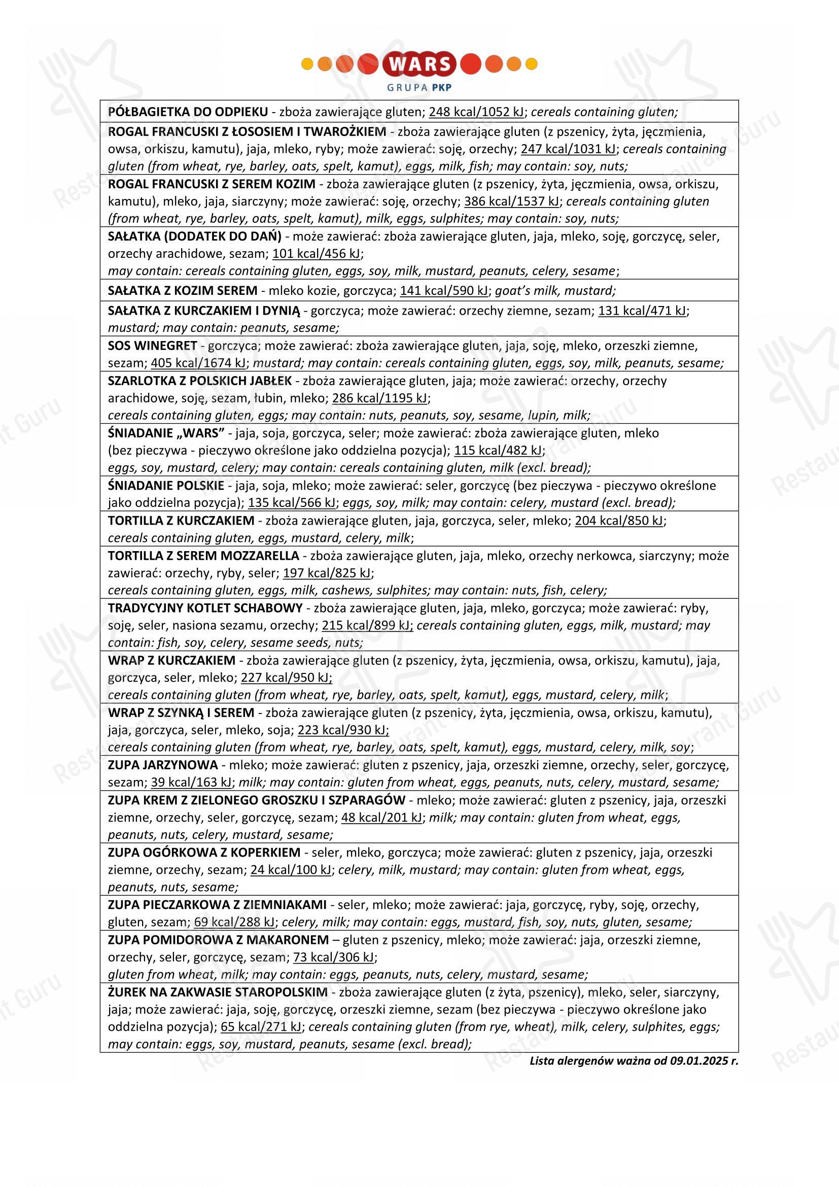 Menu at Restauracja WARS - West Station I restaurant, Warsaw