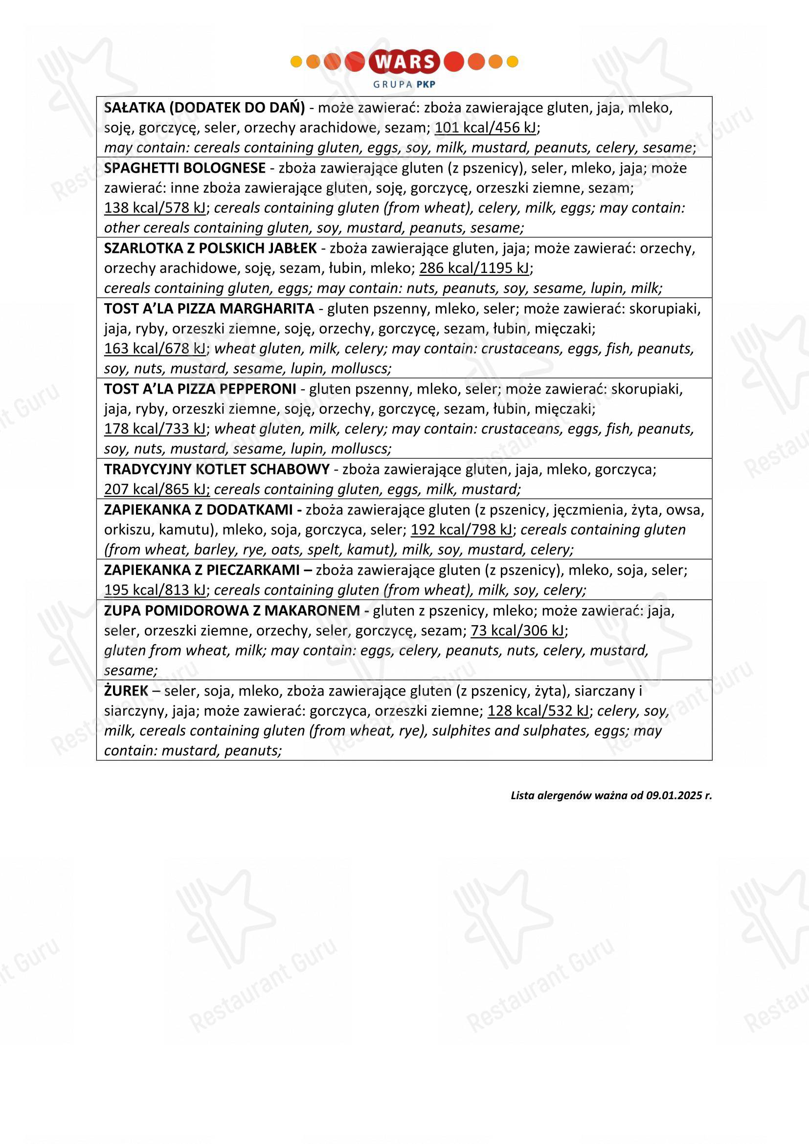 Menu at Restauracja WARS - West Station I restaurant, Warsaw