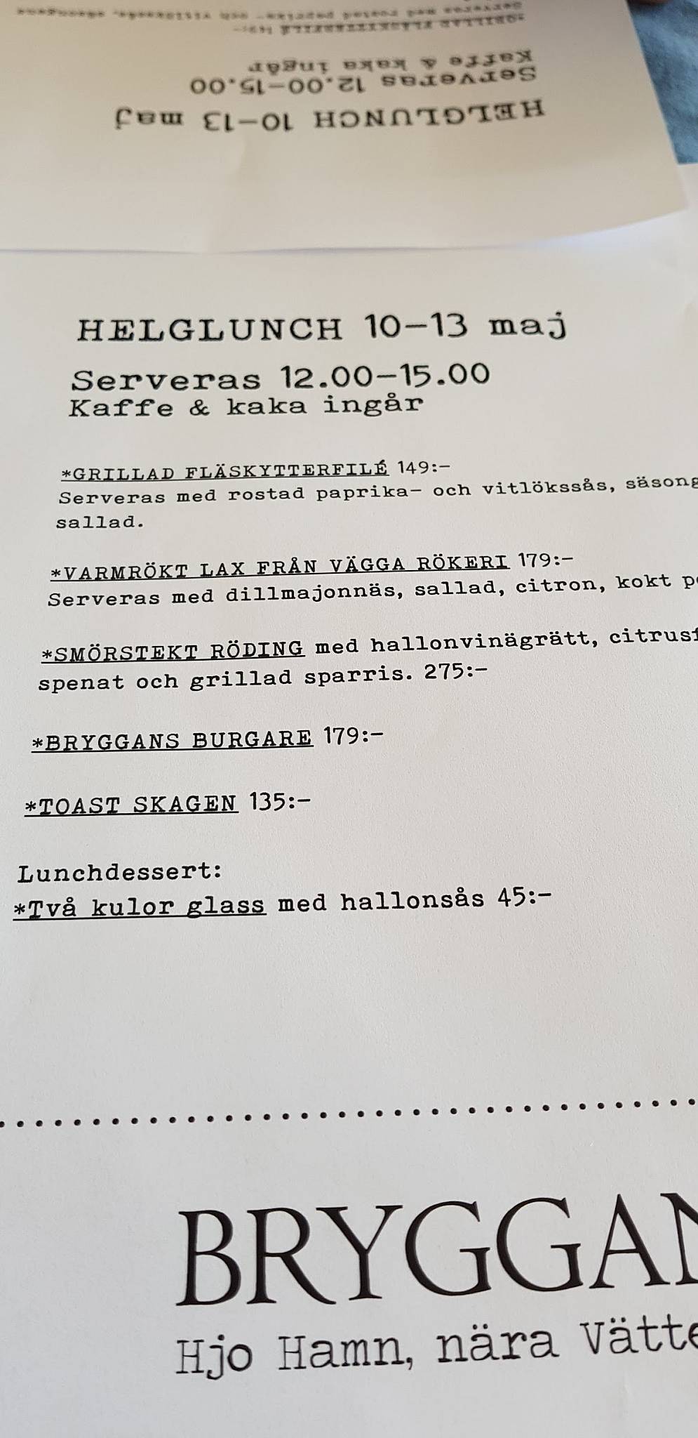 Carta del café Restaurang Bryggan, Hjo Hamn, Hjo