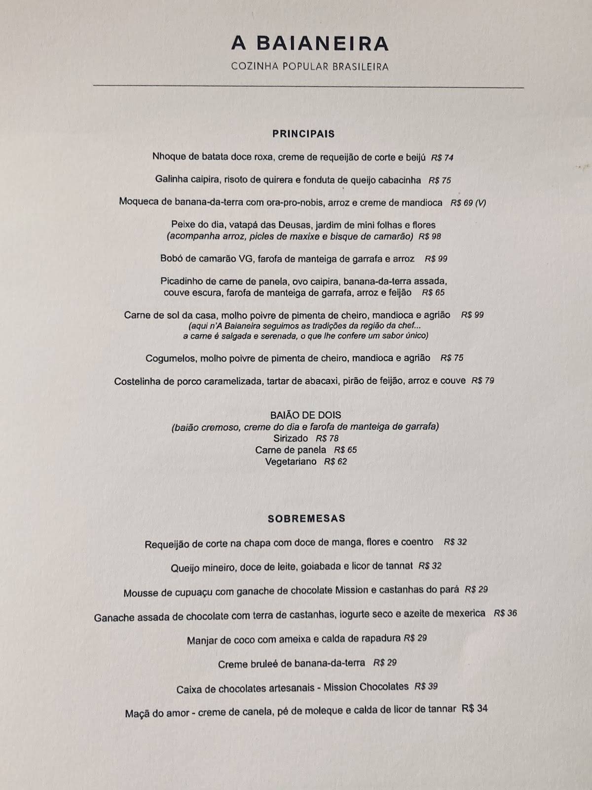 Menu em A Baianeira - MASP restaurante, São Paulo, Av. Paulista