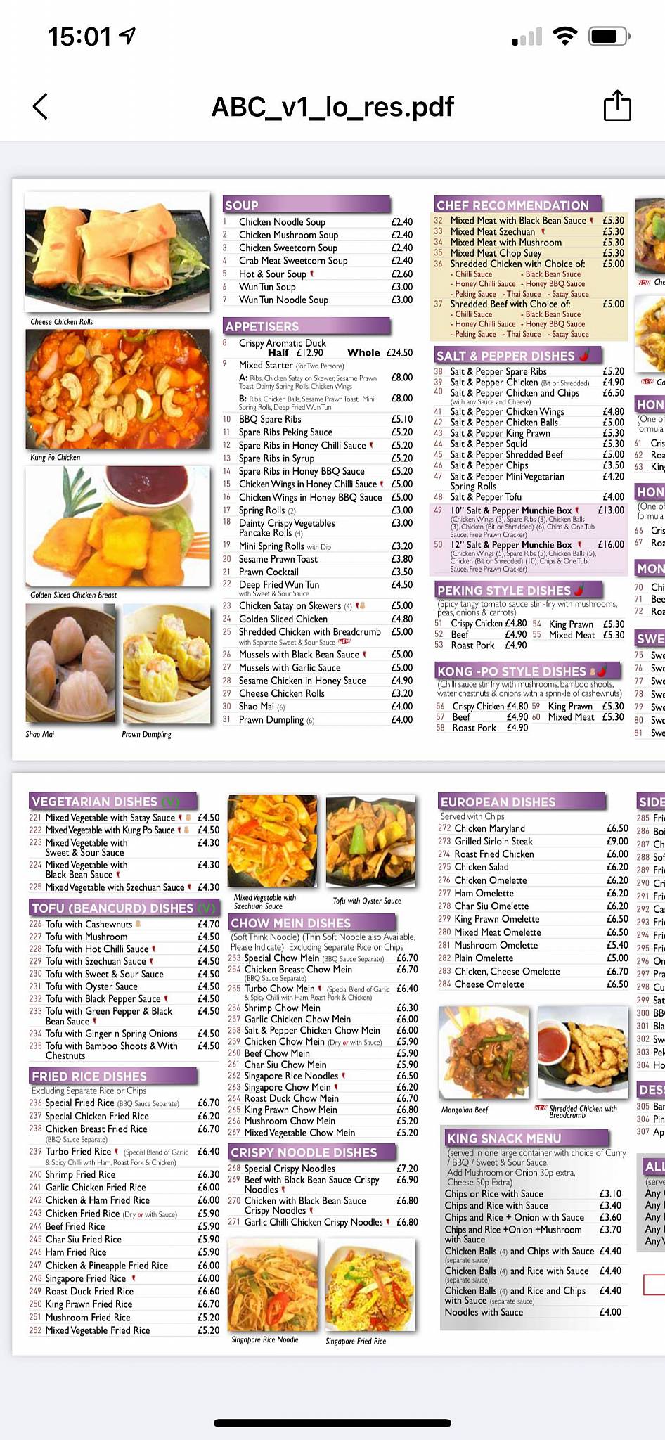 Menu at ABC CHINESE TAKE AWAY restaurant, Falkirk