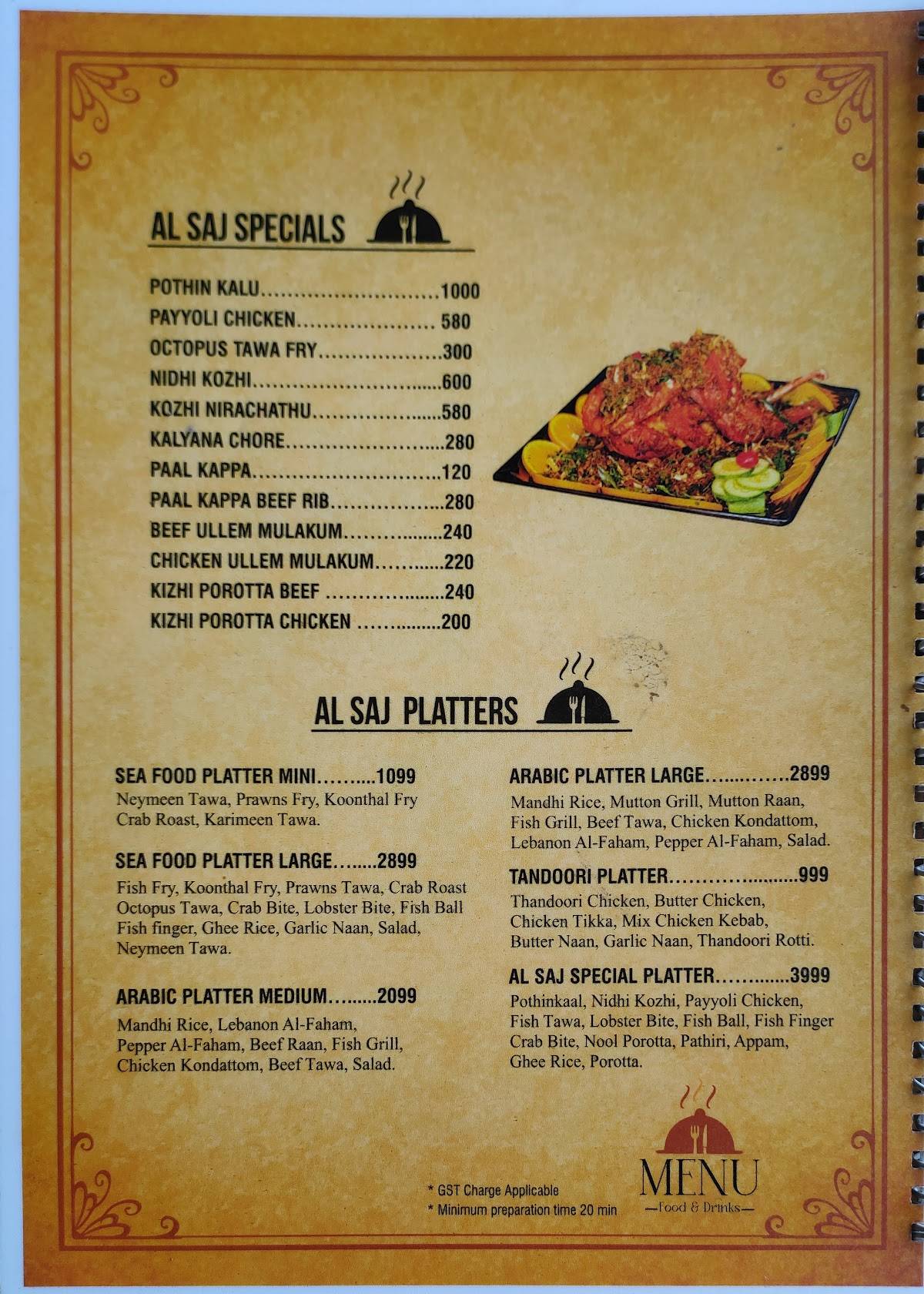 Menu at AL SAJ KITCHEN, Aluva, MINARVA GARDEN