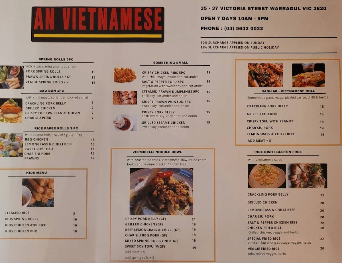 Menu at AN VIETNAMESE restaurant, Warragul