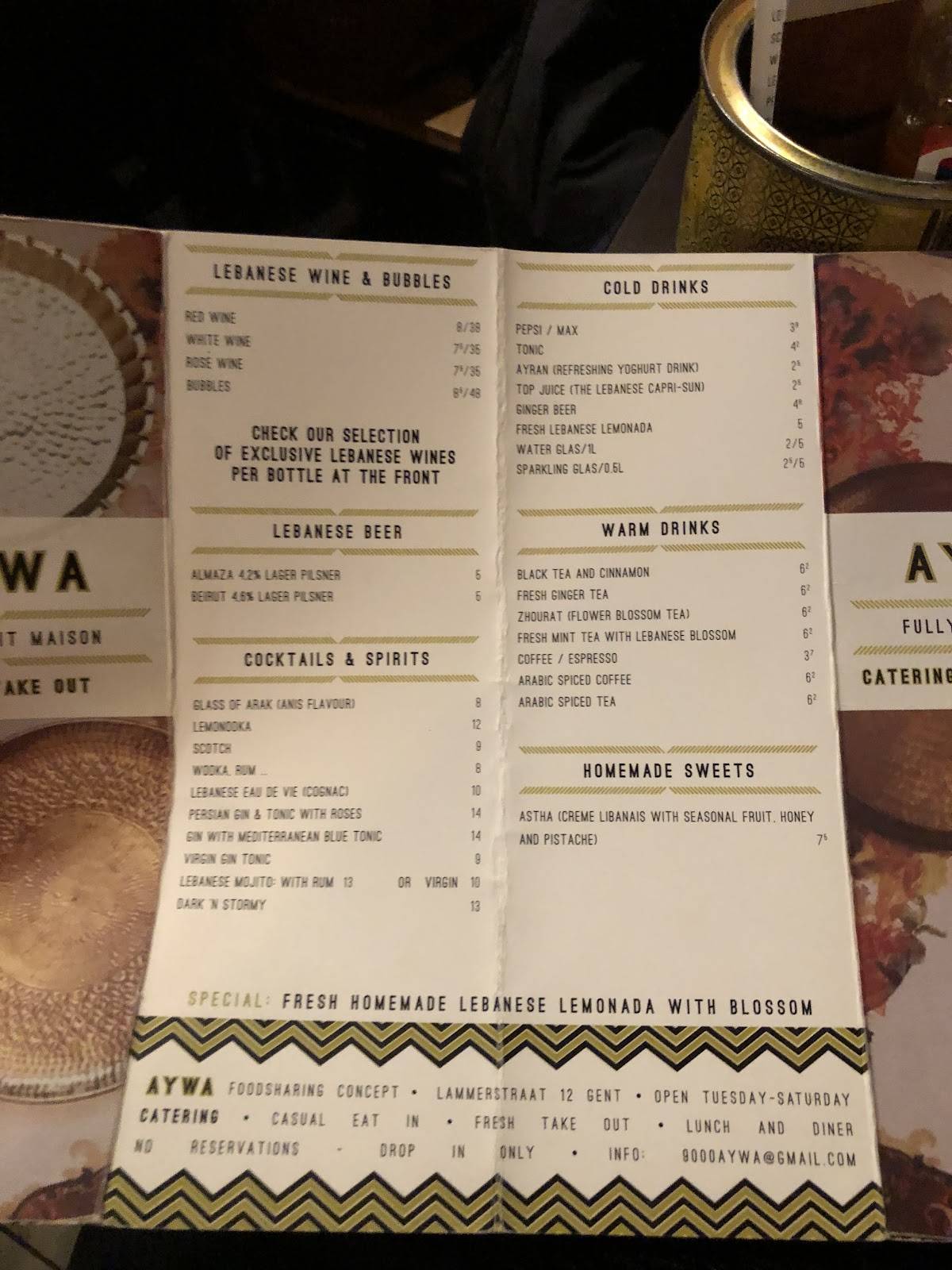 Menu at AYWA restaurant, Ghent