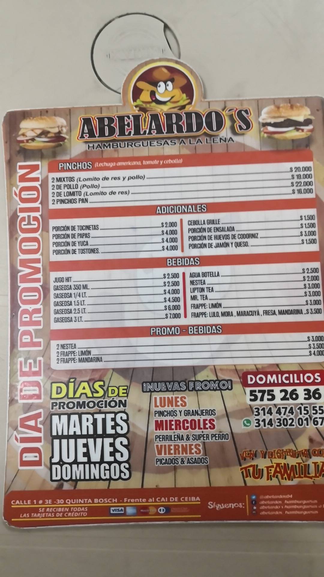 Carta del restaurante Abelardo's Hamburguesas a La Leña, Cúcuta