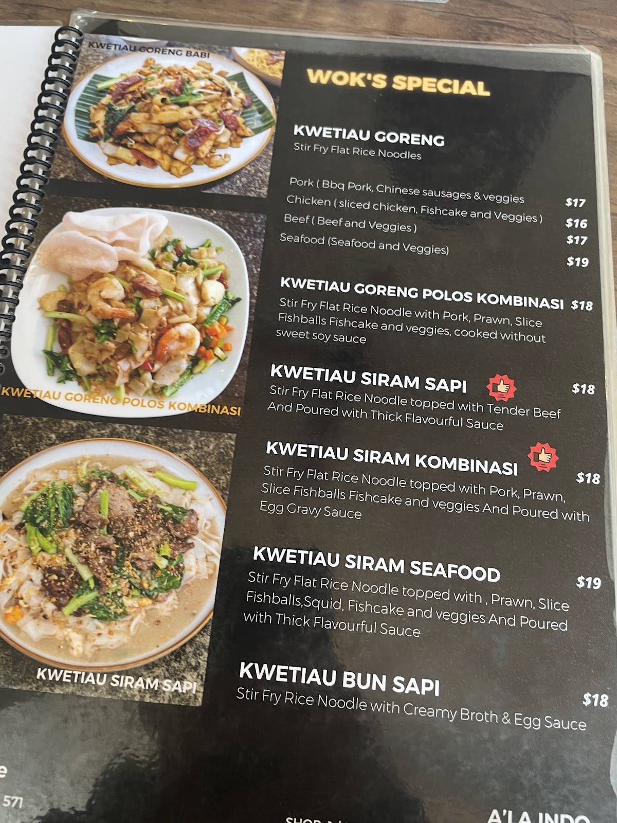 Menu at A'la Indo restaurant, Mascot