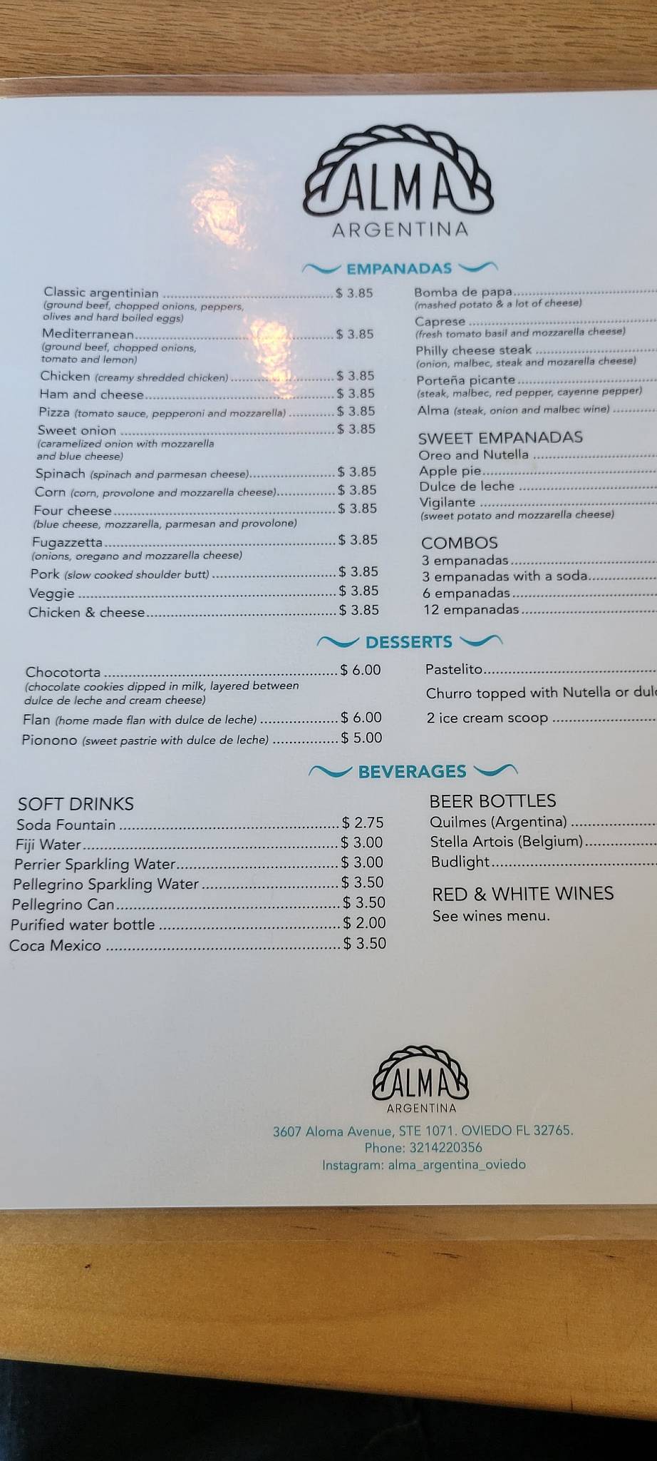 Menu at Alma Argentina restaurant, Oviedo, Aloma Ave Unit 107
