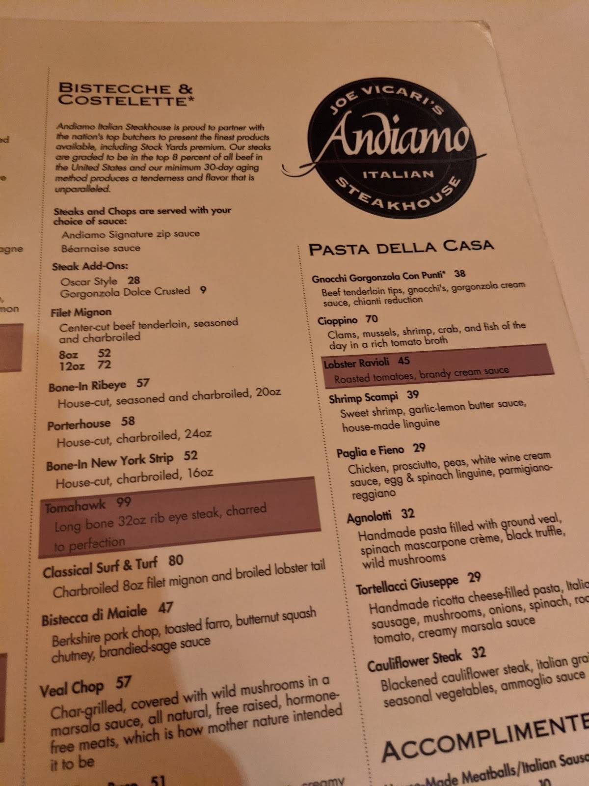 Menu at Andiamo Steakhouse, Las Vegas