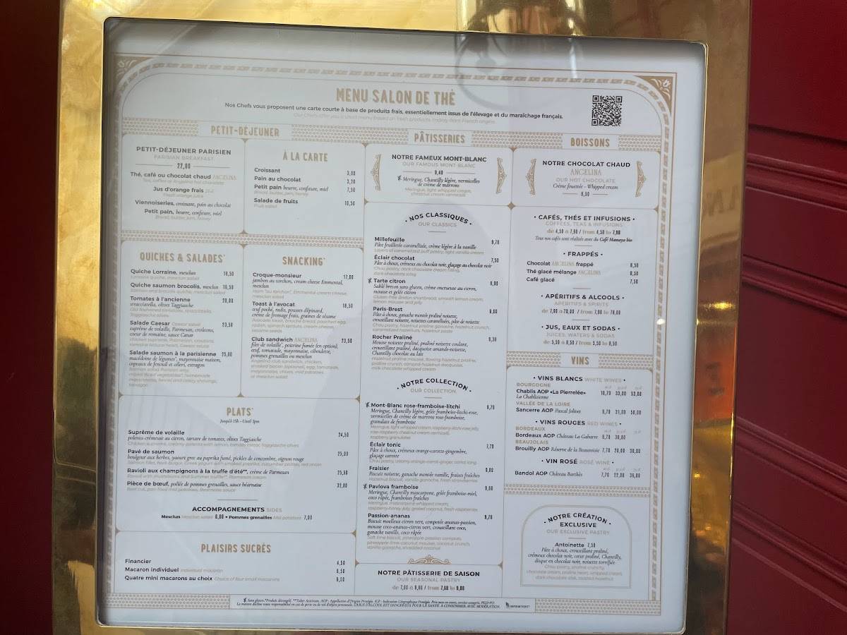 Menu at Angelina Paris restaurant, Versailles, Allée des 2
