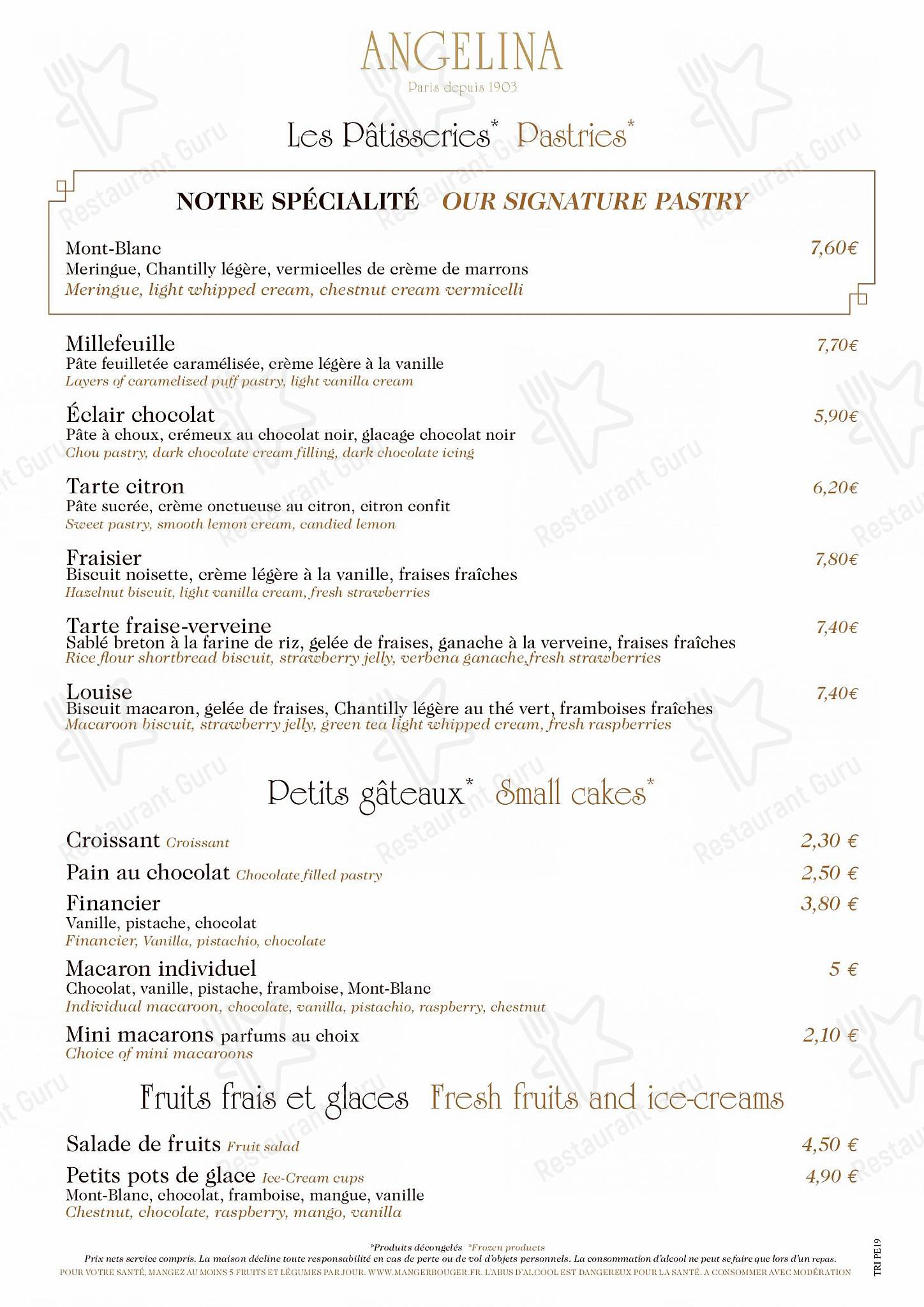 Menu at Angelina Paris restaurant, Versailles, Allée des 2