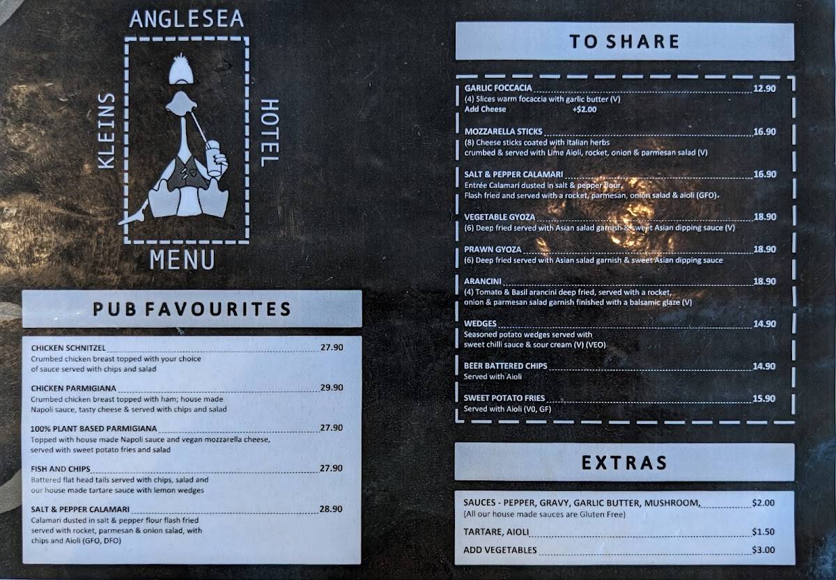 Menu at Klein's Anglesea Hotel restaurant, Anglesea