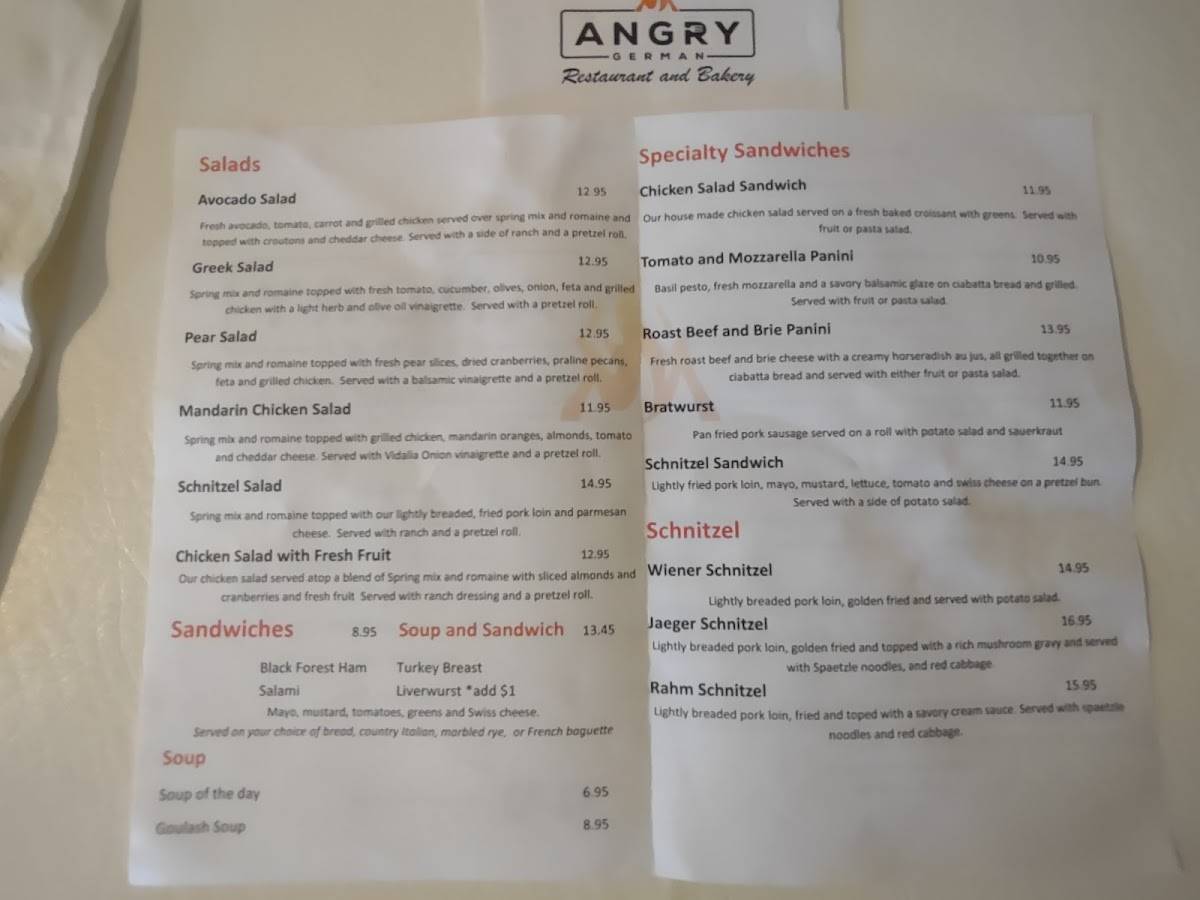 Menu at Angry German restaurant, Sierra Vista