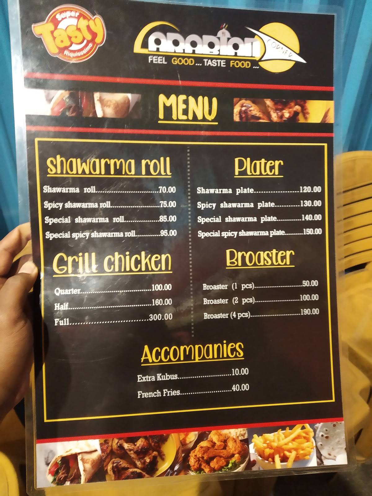 Menu at Arabian Corner (Shawarma Shop), Chennai
