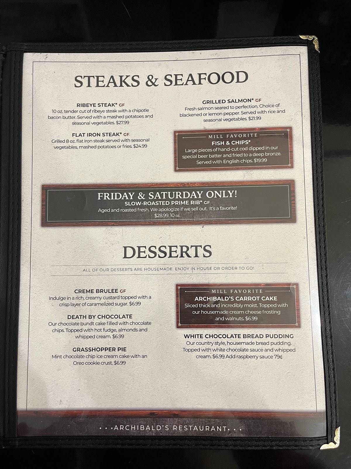 Menu at Archibald's Restaurant at Gardner Village, West Jordan