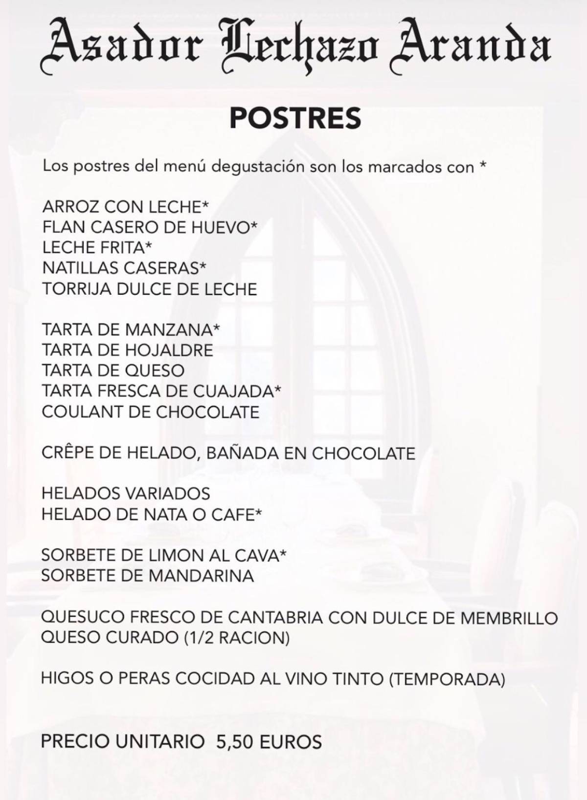 Carta del restaurante Asador Lechazo Aranda, Santander