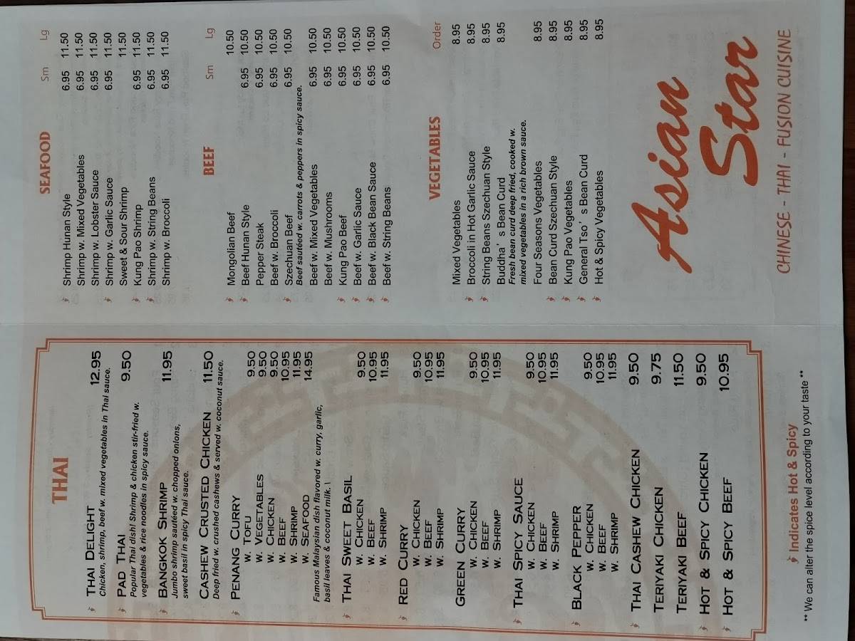 Menu at Asian Star of Youngwood restaurant, Youngwood
