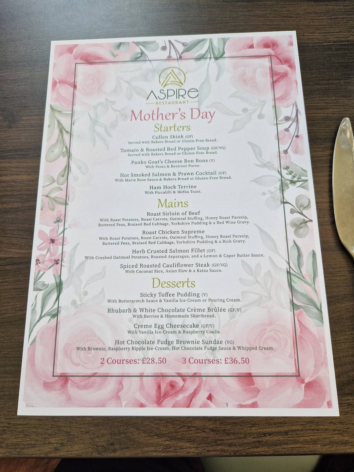 Menu at Aspire Restaurant, Portsoy