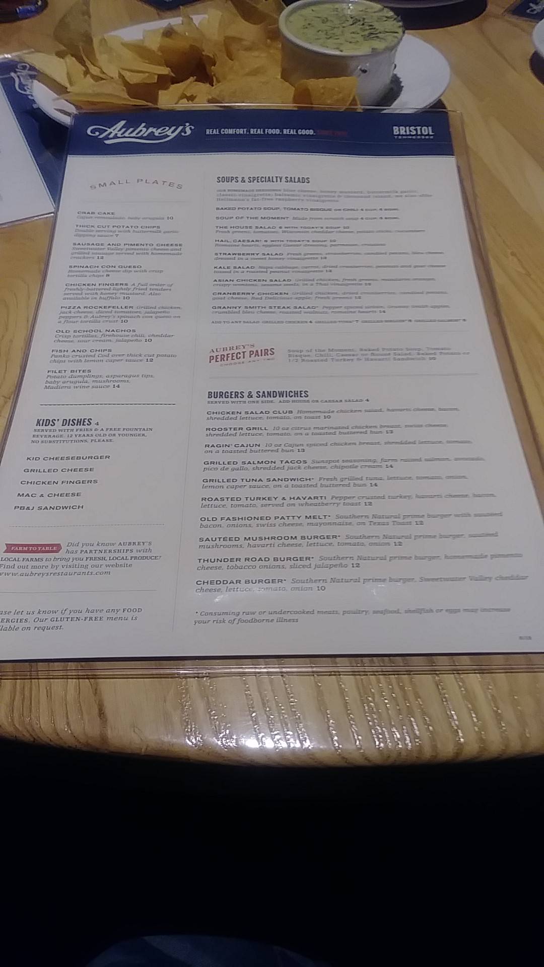 Menu at Aubrey's restaurant, Bristol