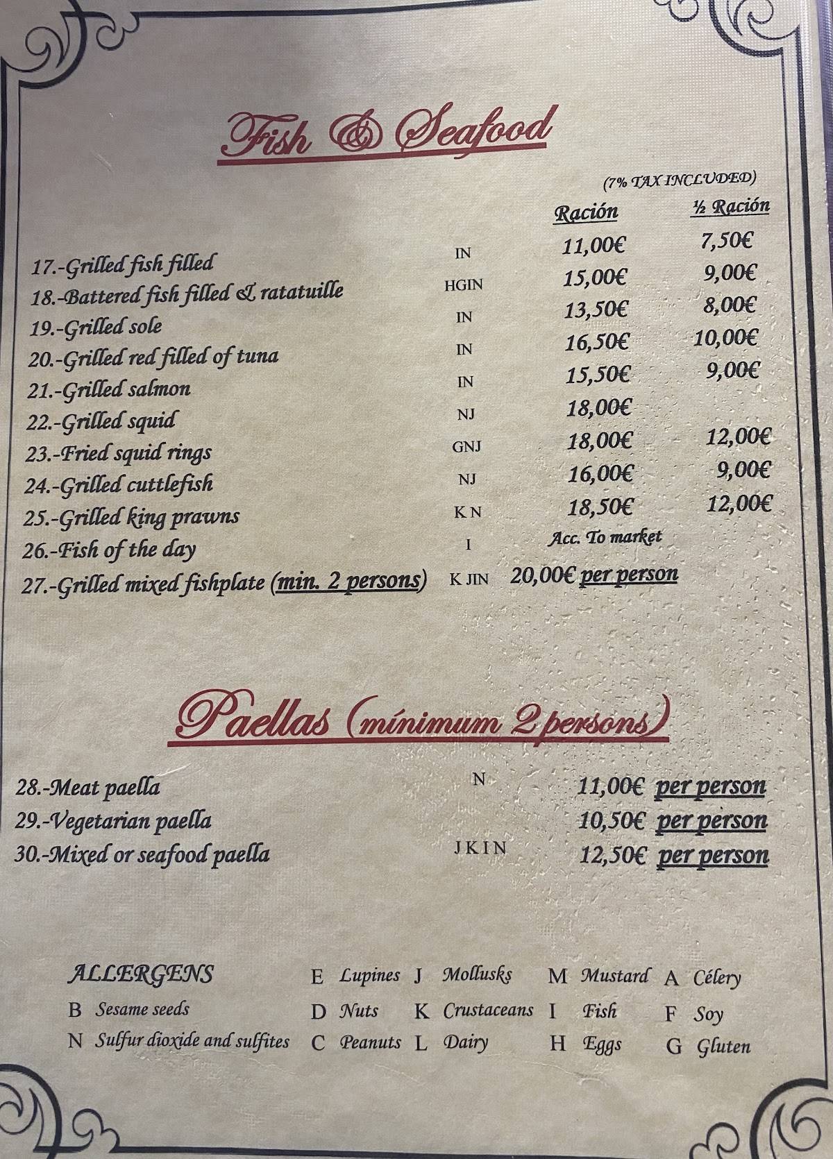 Menu at Avenida Restaurante, Corralejo