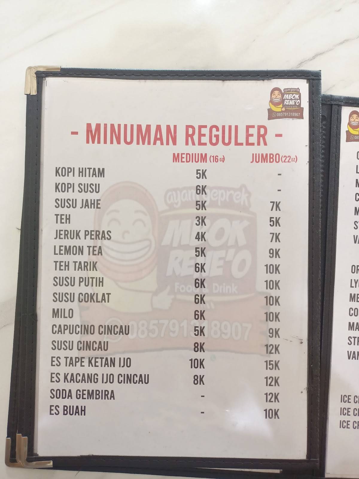 Carta del restaurante Ayam Geprek Mbok Rene'o, Blitar