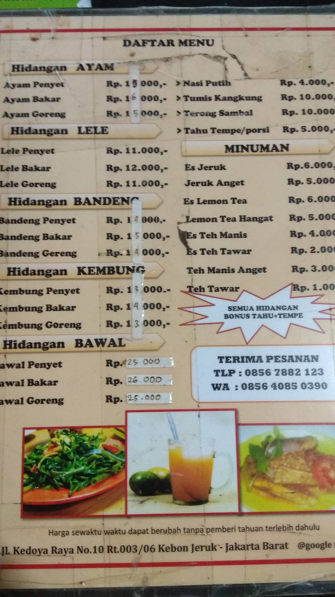 Carta del restaurante Ayam Penyet Ani-Ani Khas Purwokerto, West Jakarta