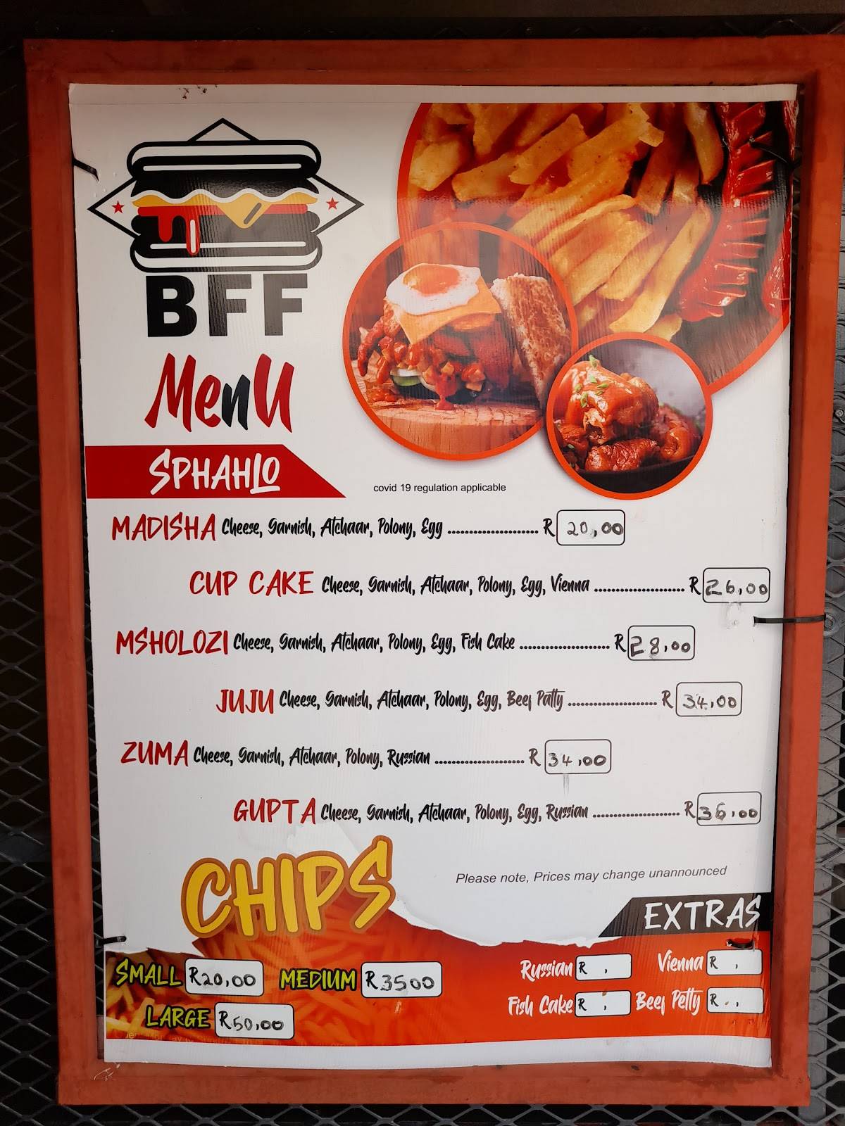 Menu at BFF restaurant, Pretoria