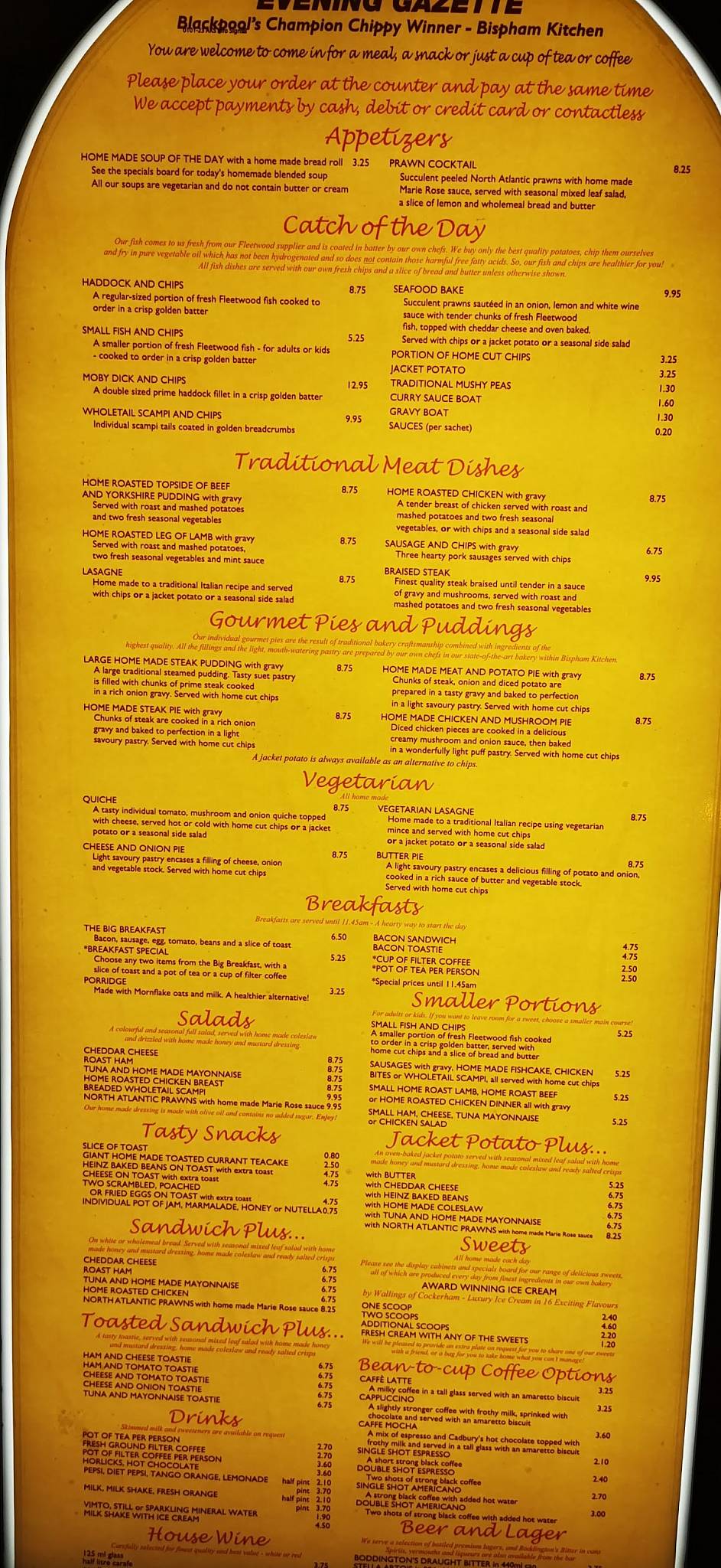 Menu at Bispham Kitchen restaurant, Blackpool