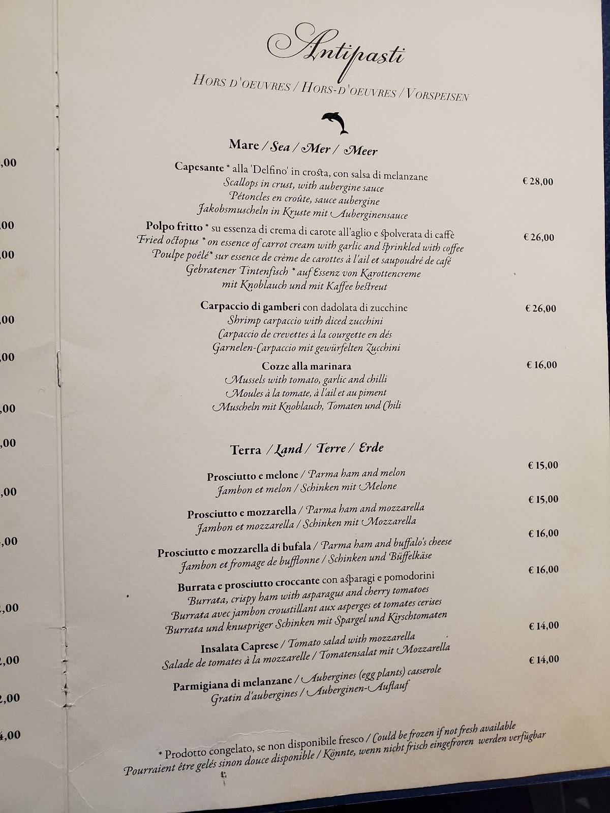 Menu at Bagni Delfino restaurant, Sorrento