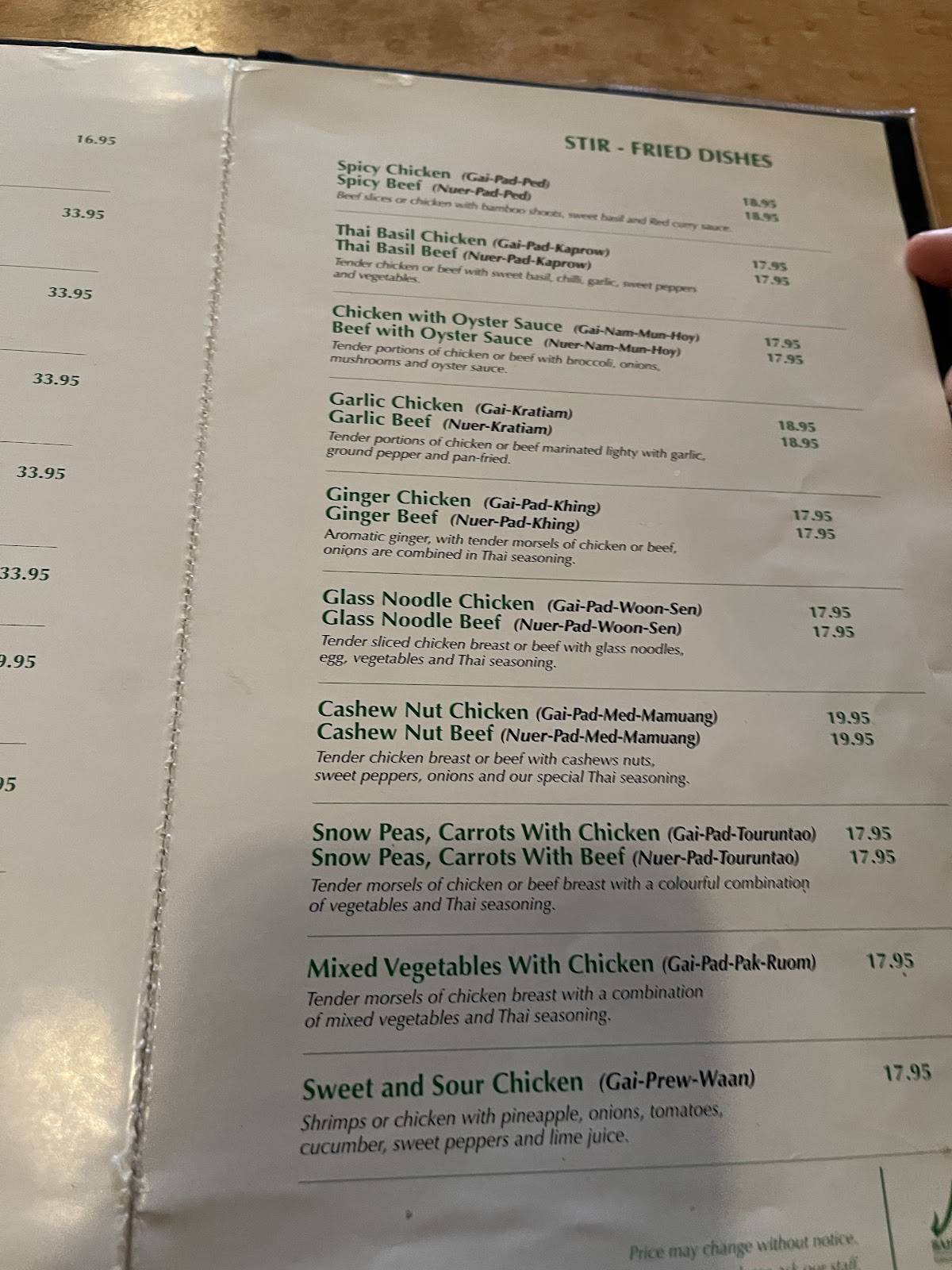 Menu at Bahn Thai Restaurant, Burlington